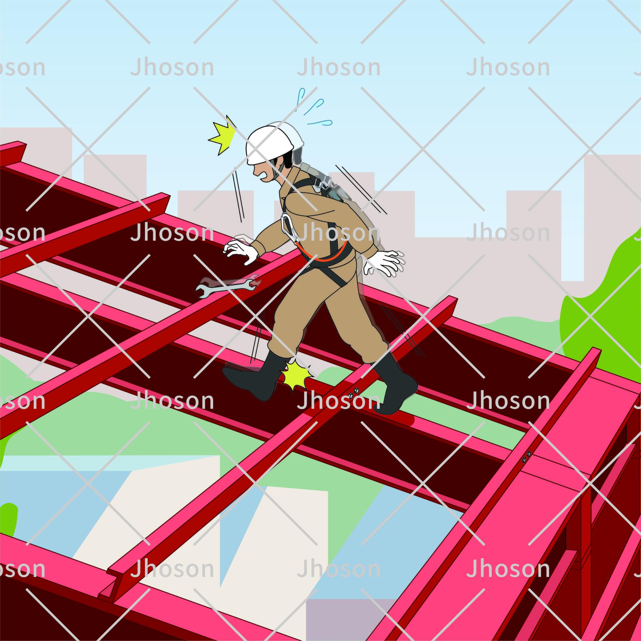 建屋鉄骨の高所作業時、足場を踏み外し墜落 | ビジネス向けイラスト素材なら「再現ストック」
